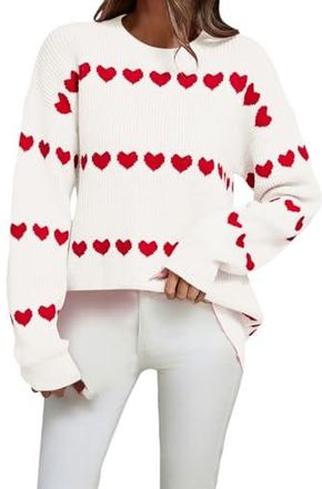 Generic Pull imprim&eacute; pour femme - Haut tricot&eacute; d&eacute;contract&eacute; - Col rond - Manches longues - Pull de Saint-Valentin, blanc, XL