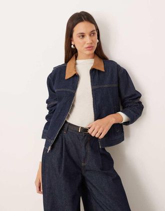 Abercrombie & Fitch Worker-Jeansjacke in indigoblauer Waschung mit kontrastierendem Kragen