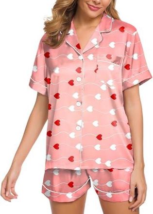 Generic Ensemble de pyjama deux pi&egrave;ces en satin de soie pour femmes pour la Saint-Valentin 2026, rose, XXL