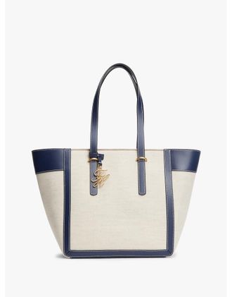 Tommy Hilfiger Canvas-Tragetasche aus Leinenmix in Blau-Bunt mit Logo-Anh&auml;nger