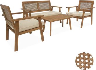Sweeek Salon de jardin en bois et cannage canap&eacute; 2 places. 2 fauteuils. 1 table basse - Boh&eacute;mia 117x64x74 cm Cannage carr&eacute; / Bois couleur teck