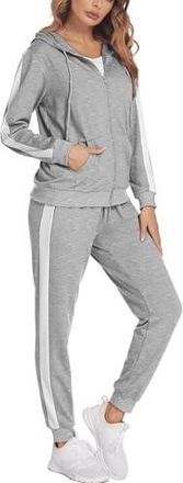 Parabler Survêtement 2 pièces pour femme - En polyester - Pour les loisirs - Veste à capuche et pantalon de sport - Tailles S à XXL, gris, S