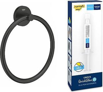 GROHE Lot de GROHE QuickFix Start Anneau Porte-Serviettes, Noir Mat, 411742430 + GROHE Kit 1 seringue colle pour accessoires de salle de bains, 41127000