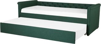 Beliani Tagesbett Ausziehbett Gr&uuml;n 80 x 200 cm Ausziehbar Polsterbezug Leinenoptik Mit Lattenrost Knopfverzierung Praktisch Modern