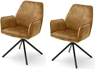 Robas Lund Esszimmerstühle 2er-Set mit Armlehne, Stuhl Belastbar bis 120 kg, Stoffbezug Vintage Veloursoptik Curry