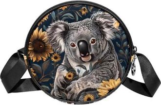 Generic Sac &agrave; bandouli&egrave;re rond pour femme, motif tournesols koala, petit sac &agrave; bandouli&egrave;re avec fermeture &eacute;clair, bretelles r&eacute;glables, sac &agrave; main rond d&eacute;contr