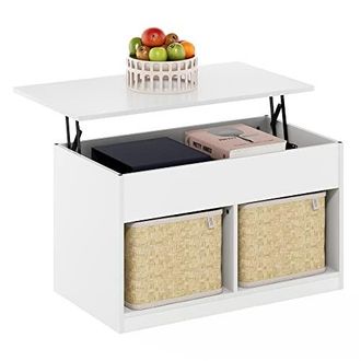 Furinno Jensen Couchtisch mit hochklappbarer Platte und verstecktem Fach, Reines Wei&szlig;