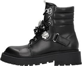 Liu Jo Bottes militaires avec fleurs en verre, noir, cuir, semelle en caoutchouc, style combat, Noir, 38 EU