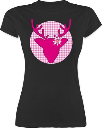 Shirtracer Shirt Damen - Kompatibel mit Oktoberfest - Hirsch Edelwei&szlig; - XXL - Schwarz - t-Shirt Tracht trachtenshirt bayrische REH Tshirt trachtentshirts Trachte