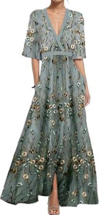 Generic Robe Maxi &agrave; imprim&eacute; Floral pour Femmes, &eacute;l&eacute;gante, col en v, ceintur&eacute;e, Robes de Plage de Cocktail de Bal de Mariage d&eacute;t&eacute; (Gris 01,Grand)