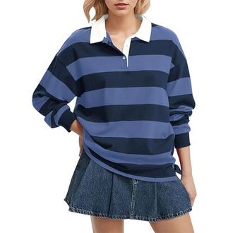 Generic Grandes chemises pour femmes, sweat-shirt rayé surdimensionné à manches longues et col rugby, haut ample, chemise à manches longues, grande taille pou