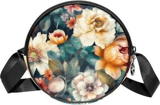 Generic Petit sac &agrave; bandouli&egrave;re rond pour femme, motif floral avec fermeture &eacute;clair, bretelles r&eacute;glables, style d&eacute;contract&eacute;, pour femmes et filles