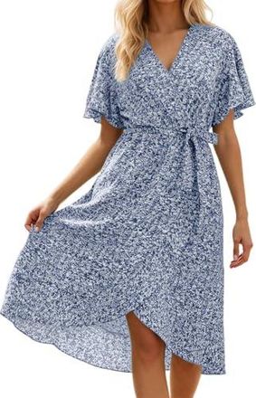 Generic Robe boh&egrave;me 2026 pour femme, robe fluide &agrave; imprim&eacute; fluide avec encolure asym&eacute;trique et ceinture nou&eacute;e &agrave; la taille, longueur mi-longue, d&eacute;contract&eacute;e, b