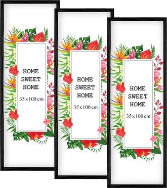 MG Design Set aus 3 Schwarz Bilderrahmen 35 x 100 cm - Aus echtem Holz mit Acrylglas, zum Aufhängen & Aufstellen, für Fotos, Poster & Puzzle