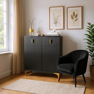 Furniture R Schwarzer Hochschrank, Modernes Design, Strapazierfähiger Aufbau, Kompakte Lagerung, Hochwertiges Spanplattenmaterial, Elegante Akzentmöbel für Wohnzi