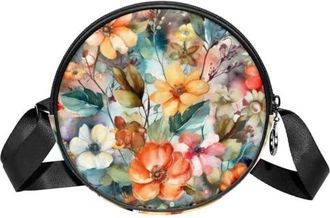 Generic Petit sac &agrave; bandouli&egrave;re circulaire pour femme, motif feuilles florales, sac &agrave; dos avec fermeture &eacute;clair, bretelles r&eacute;glables, sac &agrave; main rond d&eacute;contra