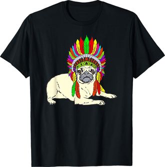 So Cool Designs Mops tr&auml;gt einen indischen Kopfschmuck f&uuml;r Hundeliebhaber T-Shirt