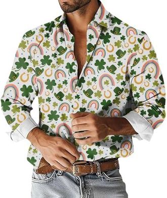 Generic Chemise St. Patricks pour homme - T-shirt &agrave; manches longues - Col &agrave; revers classique - Coupe ajust&eacute;e - Tenue tendance - Costume festif, 01-7-beige, 4X