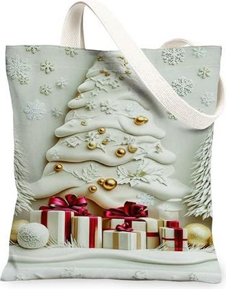 Generic Sac fourre-tout en toile motif sapin de No&euml;l, &eacute;l&eacute;gant motif vacances dhiver, sacs d&eacute;picerie r&eacute;utilisables, vintage, l&eacute;ger, lavable, blanc, 13x15 Inch