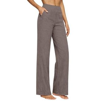 Generic Pantalon de loisirs pour femme en m&eacute;lange de coton et de lin, coupe haute, jambe large, boutonni&egrave;re, jambe droite, pantalon de fitness pour femme, kak