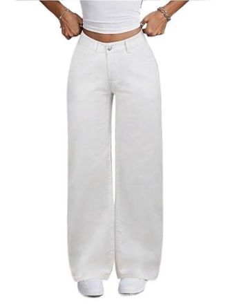 Generic Jean Y2k brod&eacute; avec noeud pour femme - Jambe droite - Pantalon boyfriend taille haute - Pantalon long ample - Pantalon amincissant, blanc, XXL