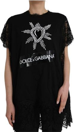 Dolce & Gabbana Femme, Tops, Noir, Taille: 38 FR T-shirt noir en dentelle avec impression de coeur sacr&eacute;