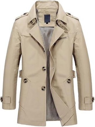 Generic Trench-coat pour homme avec revers cranté court à simple boutonnage coupe-vent veste mi-longue Trench Coat Business Manteau, beige, 5XL