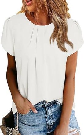 Dokotoo Chemisier Femme Chic et Élégant Blouse à Manches Courtes Col Rond Tunique Été Couleur Unie en Mousseline T-Shirt Lâches Haut Tops Mode, Blanc, 2XL