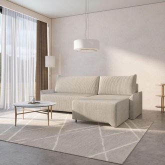 E-MEUBLES Ecksofa ROCKY Cord L Form mit Schlaffunktion und Bettkasten (Creme Poso 100, Rechts)