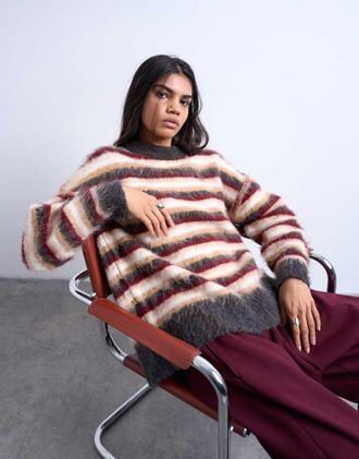 Topshop Pull en maille duveteuse &agrave; rayures - Neutre et bordeaux-Rouge