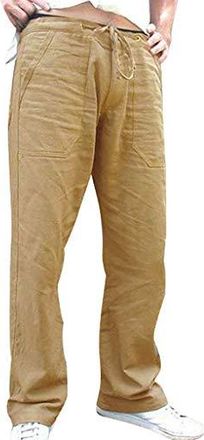 Generic Pantalon long en lin pour homme - Pantalon de loisirs pour homme - Couleur unie - Pantalon de travail tendance - Respirant - Pantalon en lin ample - C