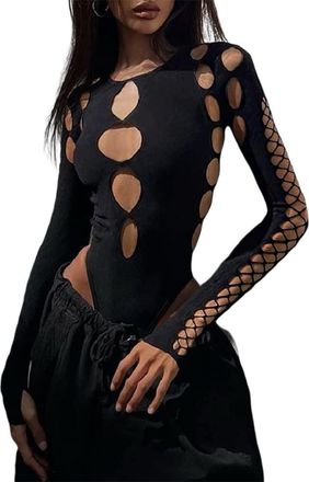 Onsoyours Bodys Damen Rippen Langarm Damenbody Bodysuit Oberteil Sexy Cut Outs Bandage Einfarbig Bodycon Stretch Unterziehbody Outfit Tops Y2k Streetwear f&uuml;r Cl