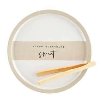 Mud Pie Stoneware Dessert Plate, Rund, Natural, Platte 11 Tag | Tongs 7