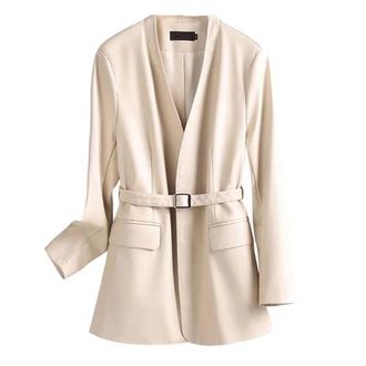 Generic Veste en cuir pour femme - Printemps Automne Col V Manches Longues Ouverture Avant Lacets Slim Taille Trench Coat, beige, M