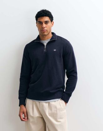 GANT pull regular fit &agrave; demi-zip avec logo &eacute;cusson en bleu nuit-bleu marine