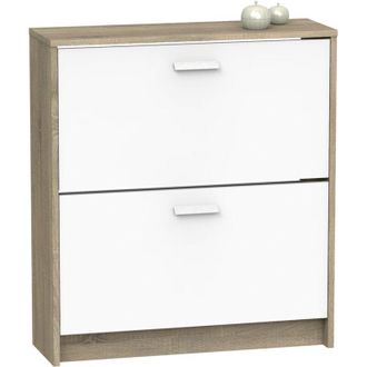 PEGANE Meuble &agrave; chaussures de 2 portes, 12 paires coloris Blanc/Ch&ecirc;ne cambrien - Longueur 74 x Profondeur 25 x Hauteur 82 cm