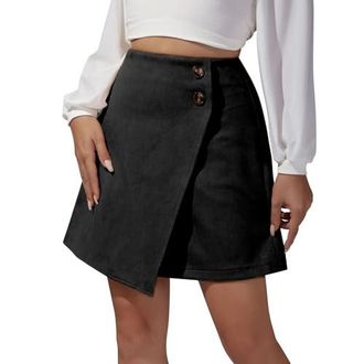 Generic Jupe-short moulante en faux daim pour femme - Jupe crayon basique &eacute;lastique boutonn&eacute;e - Extensible - Amincissant - Jupe irr&eacute;guli&egrave;re, d&eacute;contract&eacute;e - &Agrave; 