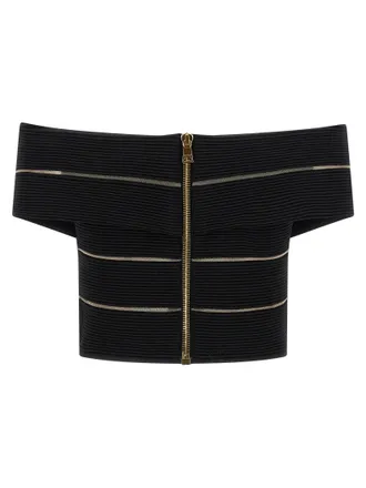 Balmain Off-Shoulder Ribbed Stretch Viscose Crop Top - Black
