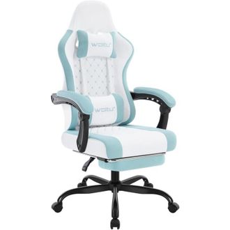Woltu Woltu - Chaise Gaming Massante Fauteuil Gamer, avec Coussin à Ressorts, Soutien Lombaire Massant, Appui-tête, Repose-Pieds,Tissu Maille, Blanc+Bleu
