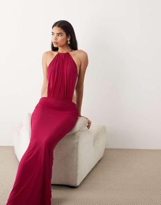 Tiger Mist Evanna - Robe longue &agrave; dos nu avec liens nou&eacute;s &agrave; larri&egrave;re et col ras de cou &agrave; d&eacute;tail m&eacute;tallique - Baie-Rose