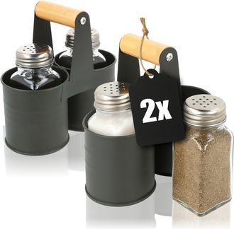 Com-Four 6-teiliges Gewürzstreuer Set aus Glas - Salz und Pfeffer mit passender Halterung aus Metall (02 Stück - Mit Halterung)