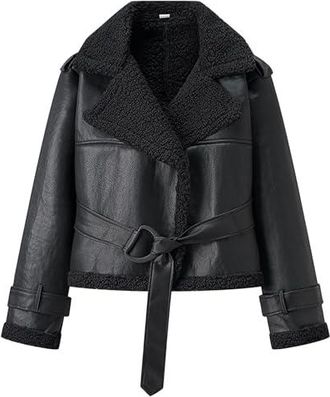 Generic Veste polaire courte pour femme en cuir synth&eacute;tique avec doublure Sherpa pour lhiver et le printemps, Noir, M