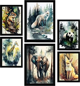 Nacnic For&ecirc;t et Savane Affiches. Illustrations danimaux dans des Paysages Naturels, Style Aquarelle R&eacute;aliste. Design dint&eacute;rieur et d&eacute;coration. A4 & A3 Cadres