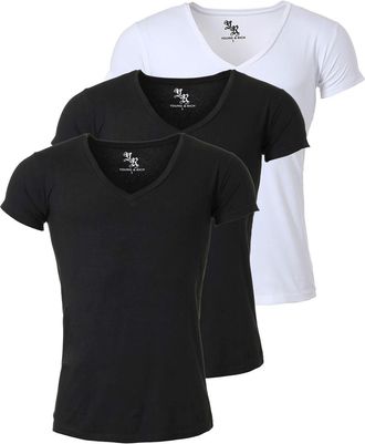 Young & Rich Herren Uni T-Shirt mit extra tiefem V-Ausschnitt Slimfit Stretch Dehnbare Passform einfarbiges Basic Shirt - 3er Pack, Gr&ouml;sse:XL, Farbe:2 x Schwarz / 