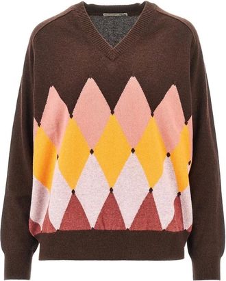 Ballantyne Pull &agrave; col en V motif losanges - Homme - Pulls - Brun - Taille: XS