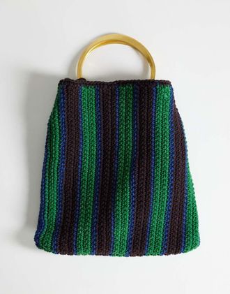 Topshop Carlie - H&auml;keltasche in Gr&uuml;n gestreift mit Metallgriff