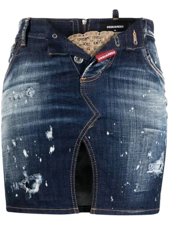 Dsquared2 minijupe en jean &agrave; effet us&eacute; - Bleu