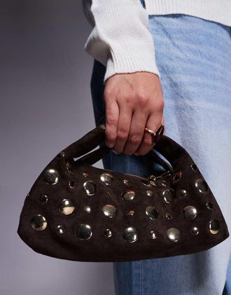 River Island Umh&auml;ngetasche aus Wildlederimitat in Dunkelbraun mit Nieten-Brown