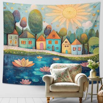 Generic Sunshine Village Blauer Wandteppich, bunte H&auml;user und B&auml;ume, Wandbehang, &auml;sthetische Wandteppiche f&uuml;r Wohnzimmer, Schlafzimmer, Heimdekoration, 203 x 