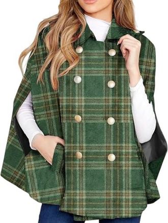 Generic Cape dhiver &agrave; carreaux pour femme, cape &agrave; double boutonnage avec poches pour femme, veste dhiver &agrave; carreaux, Vert, XXL